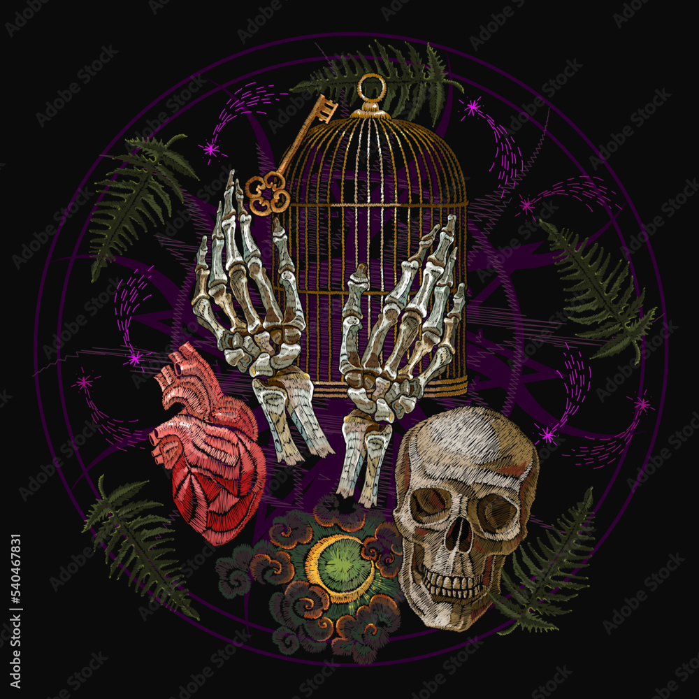 Alchemy concept. Embroidery. Skeleton hands, golden cage, skull, key ...