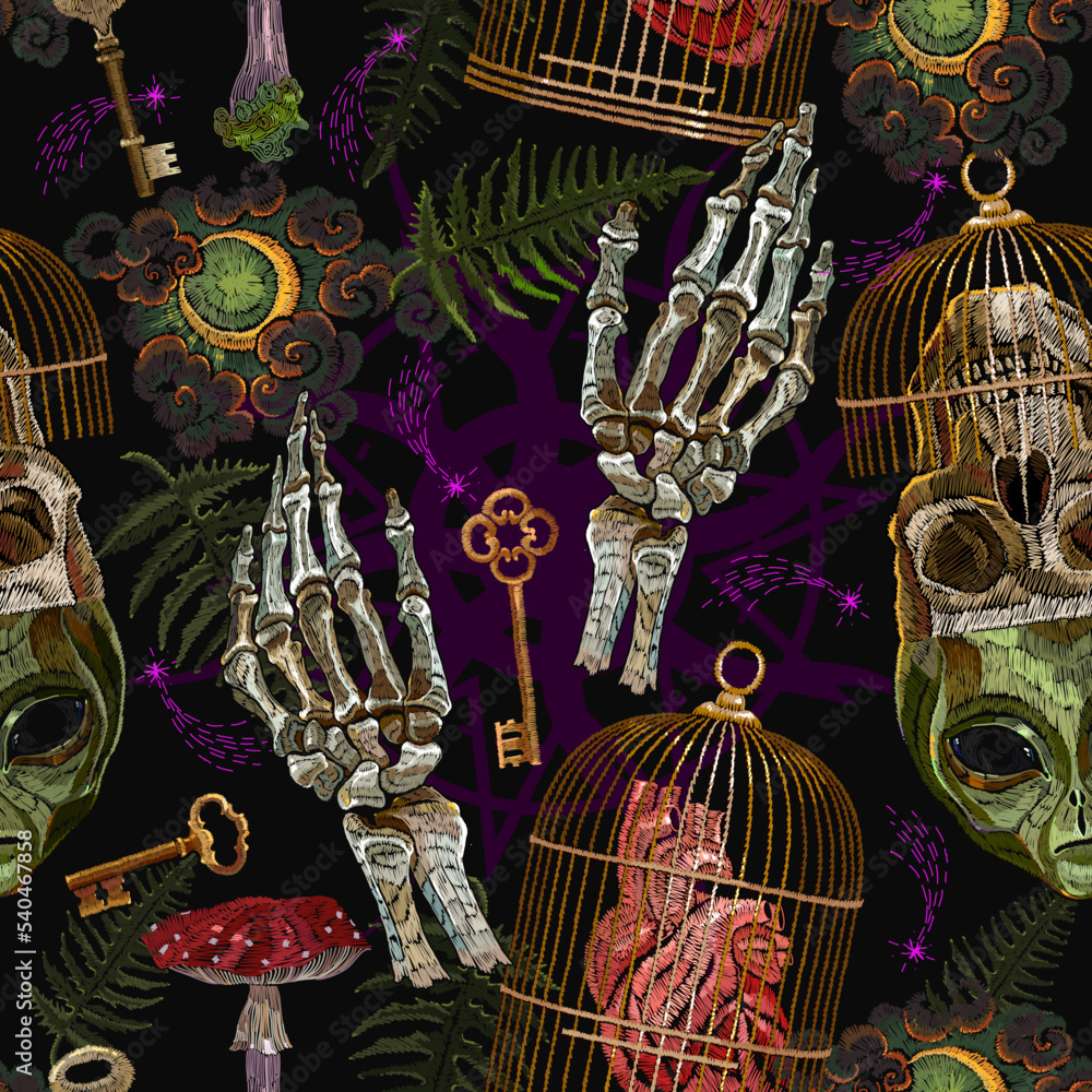 Embroidery. Alien head, skull, golden cage, fern, key and anatomical ...