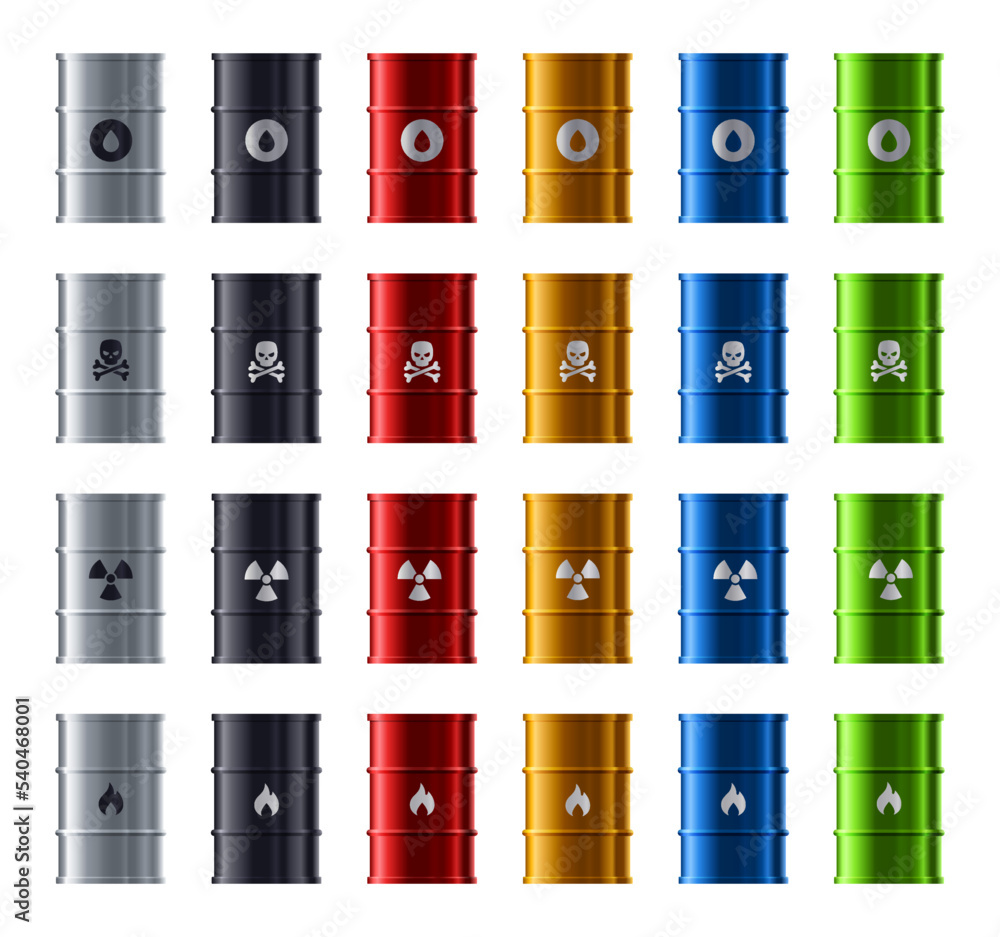 Big set metal barrels with different signs and colors vector ...