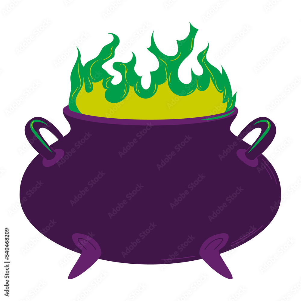Magic witch's cauldron with green flames. Illustration on a transparent ...