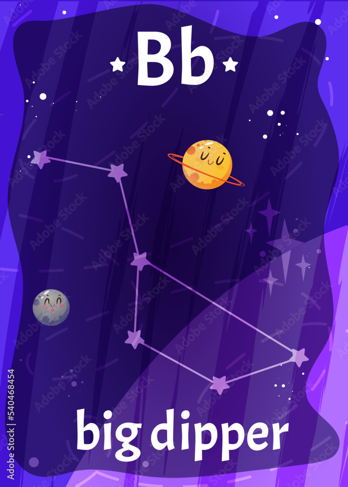 Printable space alphabet flash card with letter B. Cartoon big dipper ...