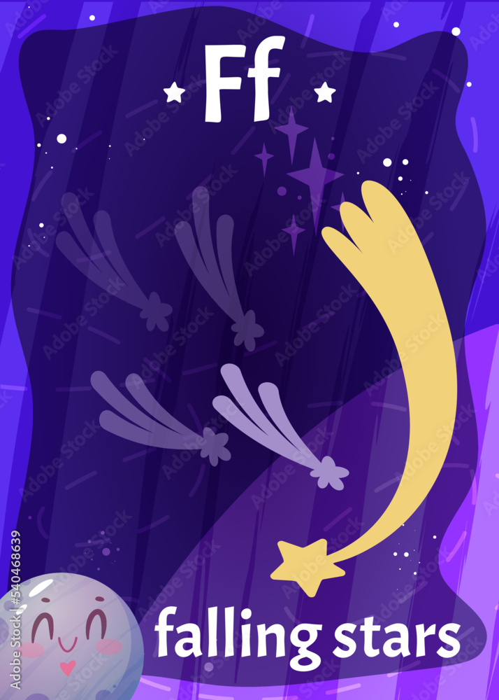 Printable space alphabet flashcard with letter F. Cartoon falling stars ...