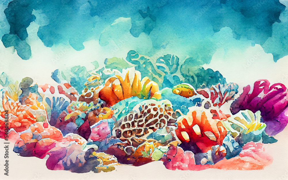 ภาพประกอบสต็อก Watercolor underwater life. painted coral reef, Great ...