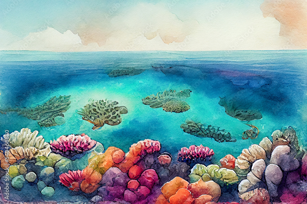 ภาพประกอบสต็อก Watercolor underwater life. painted coral reef, Great ...