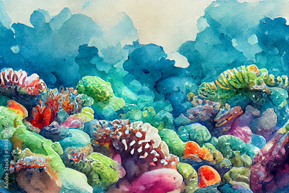 Watercolor underwater life. painted coral reef, Great Barrier reef ...