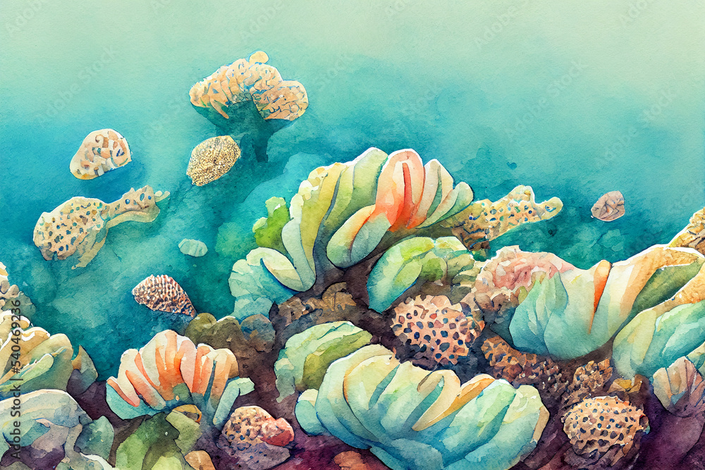 Watercolor underwater life. painted coral reef, Great Barrier reef ...