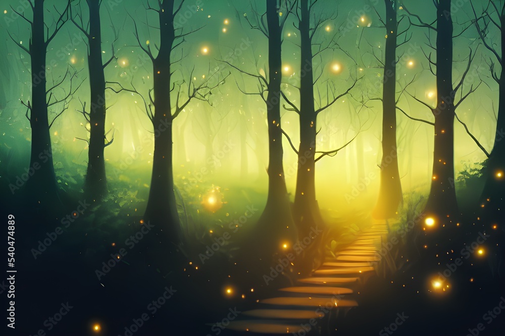 Fantasy forest with fireflies, magic orbs and more. Stock Illustration ...