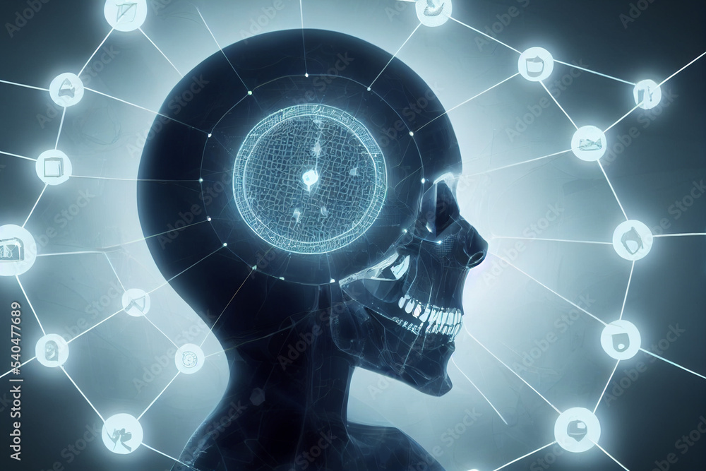 head with binary code digital brain technology background. 3d rendering ...