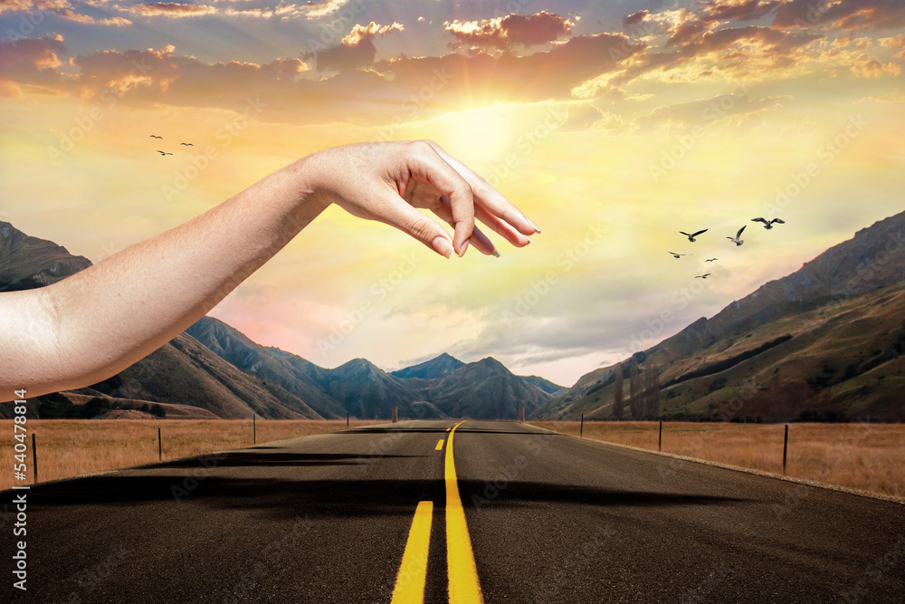 Hand suspended in the desert. Road in the desert Stock Illustration ...