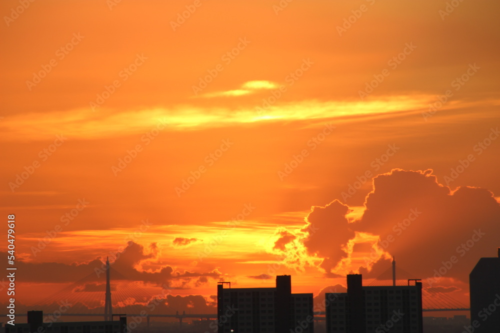 orange golden sunset clear sky background with town city view Stock ...