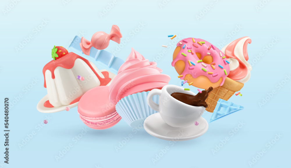 Sweet food 3d vector background. Panna cotta, macaron, cupcake, cup of ...