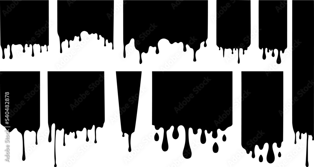 Dark fluid dripping empty frames. Isolated liquid, flowing paint drips ...