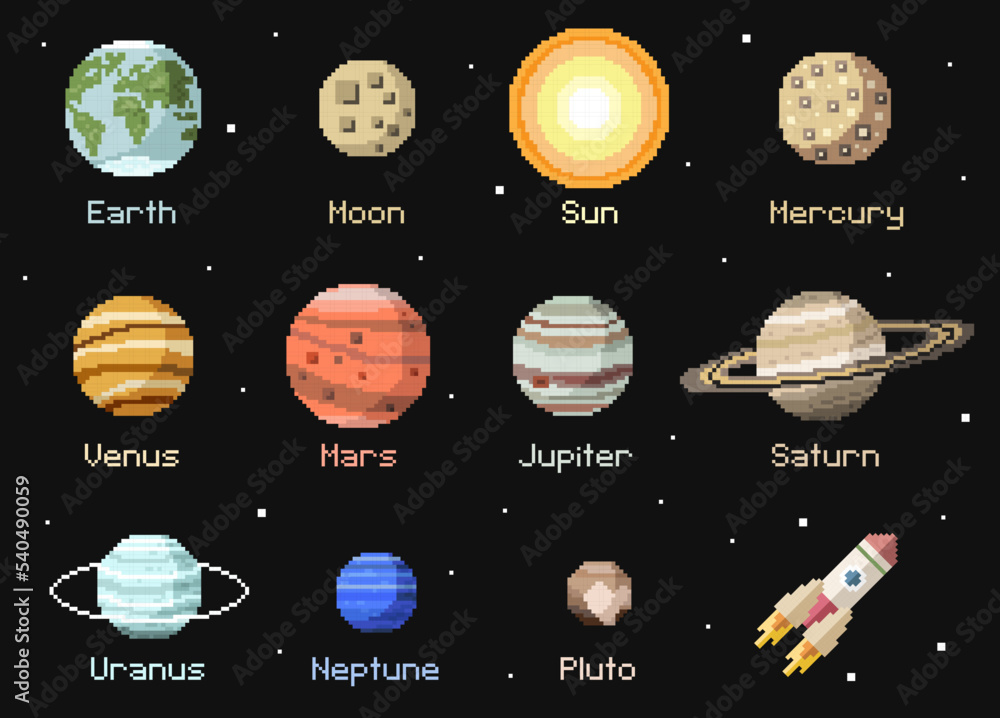 Planets icons pixel art vector illustrations set Stock Vector | Adobe Stock