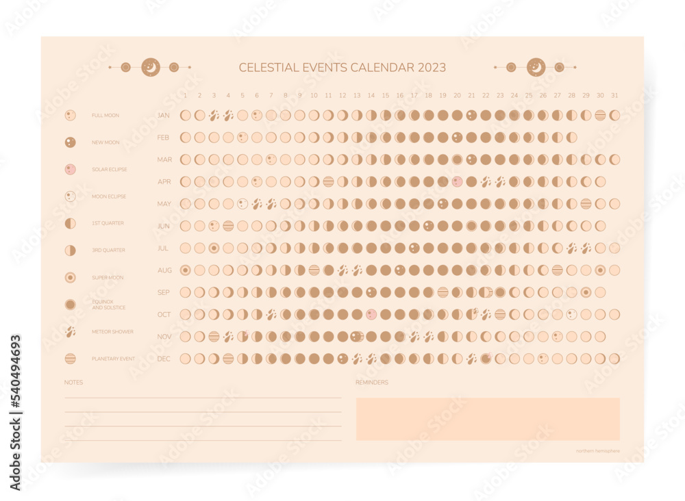 One page 2023 year moon calendar in celestial golden style. Minimal ...