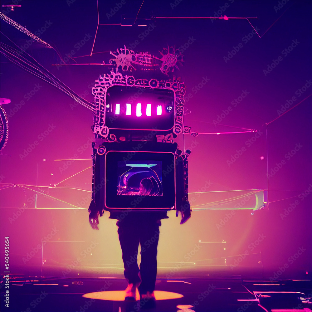 Digital illustration of a robot in stage. Futuristic technology ...