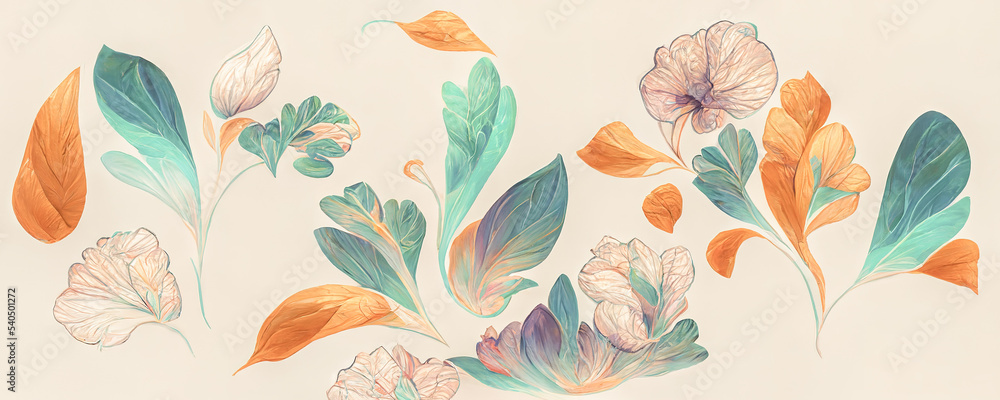 Spectacular pastel template of flower designs with leaves and petals ...