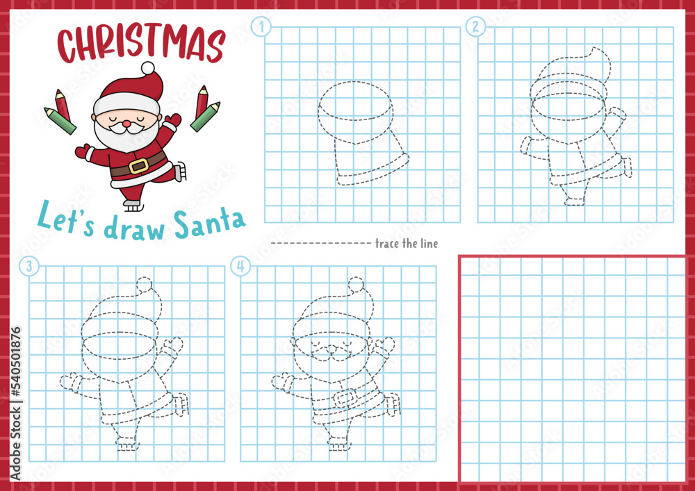 Christmas step by step drawing worksheet. How to draw Santa Claus ...