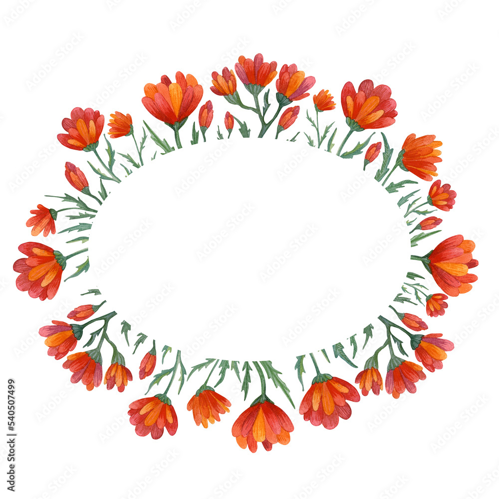 Watercolor hand drawn ellipse circlet of green leaves and red flowers ...