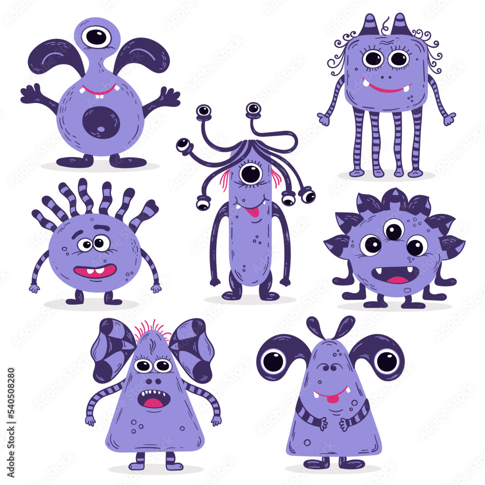 Seven monsters in purple. A set of cartoon aliens. Isolated gremlins ...