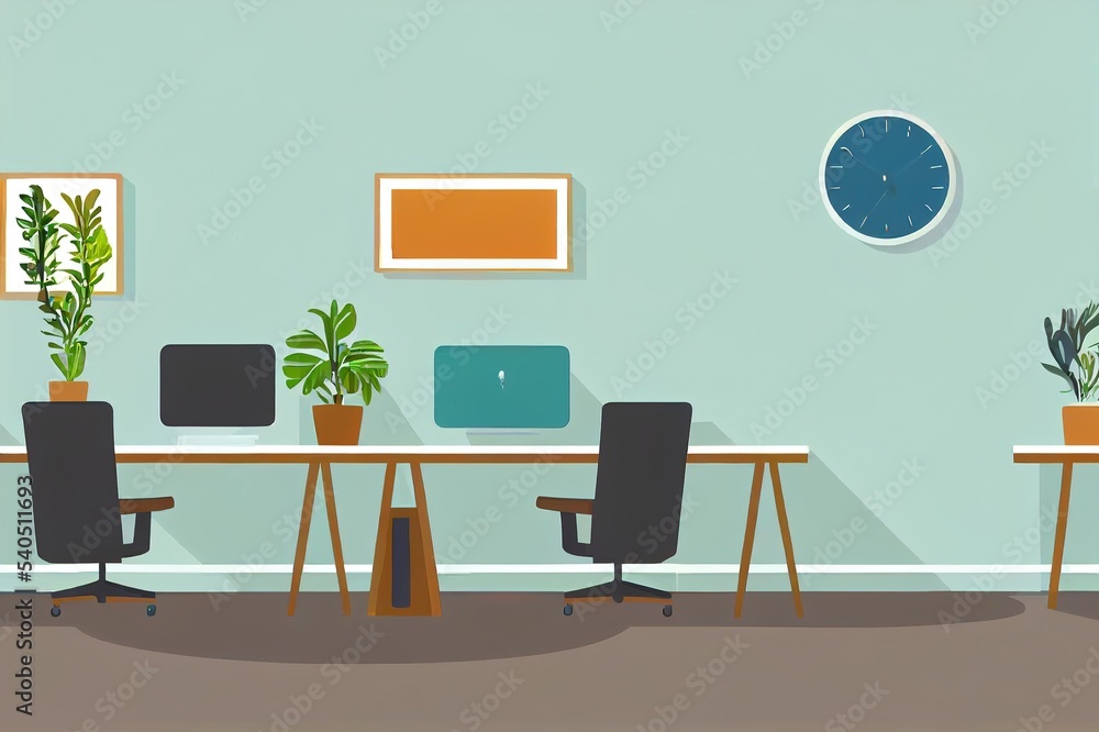 Coworking office with tables, chairs, laptops and plants. 2d ...