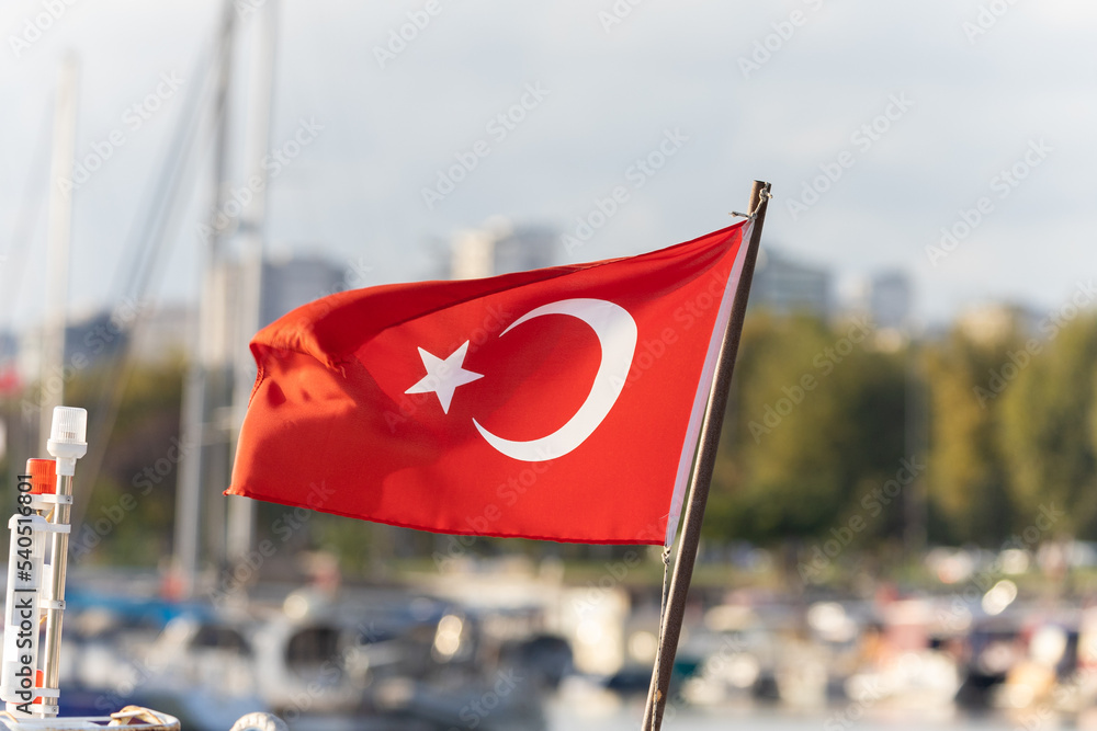 Turkish flag, on a red background white star and moon. Flag flies in ...