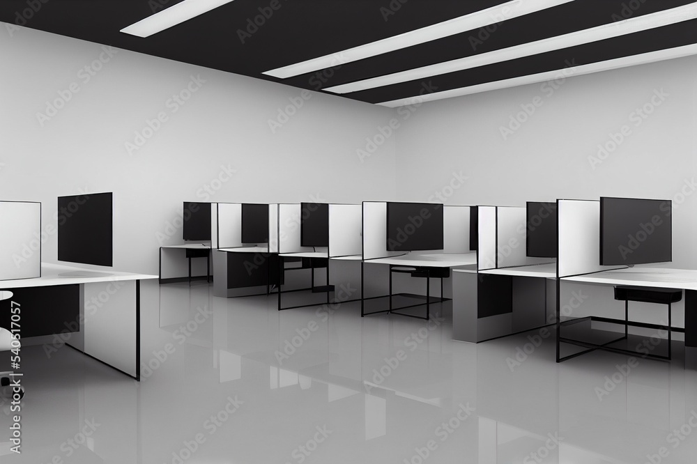 Corner of a white and black open space office interior with rows of ...
