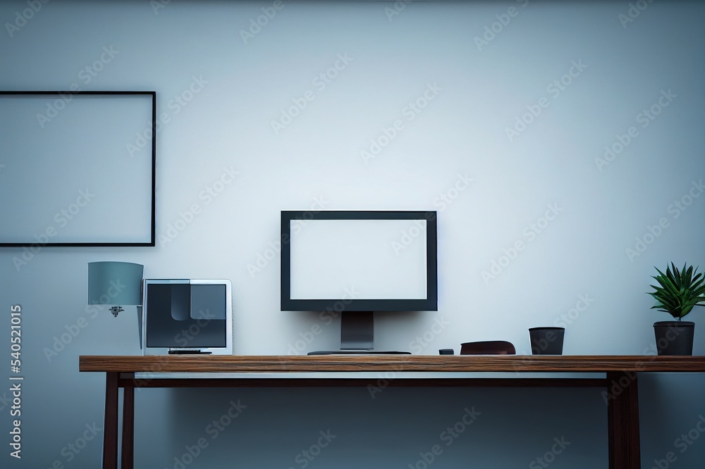 Blank screen computer on a wooden office desk in a room with panoramic ...