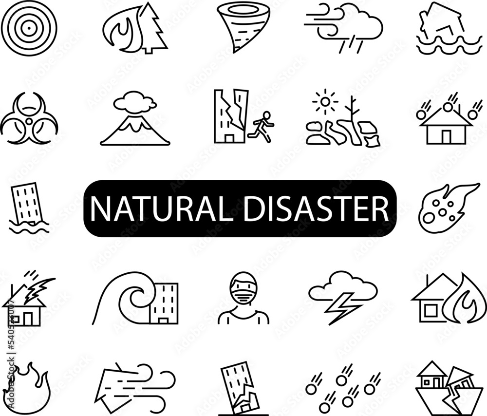 Collection of natural disaster icons. Simple black symbols. Vector ...