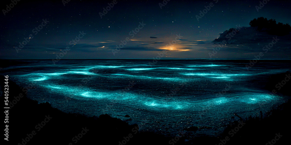 Bioluminescence. Bio luminescent ocean. Bioluminescent plankton in the ...