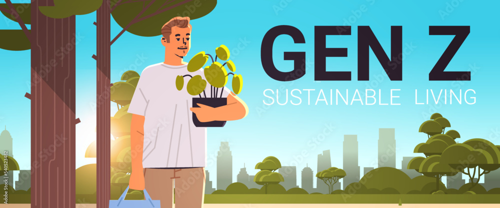 young guy holding potted plant generation Z lifestyle concept new ...
