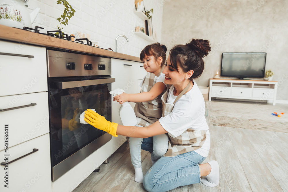 A little girl and her mother are cleaning the kitchen. a woman and a ...