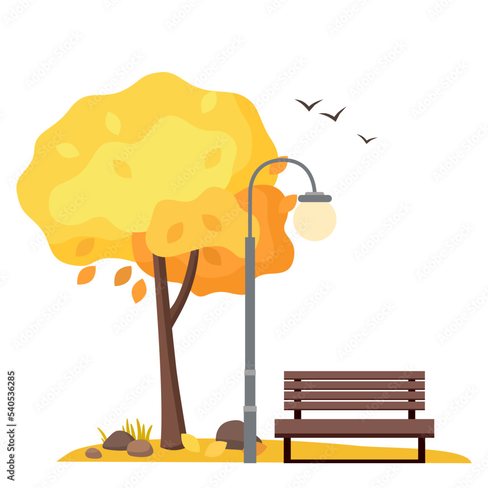 Autumn city park scene with bench, tree and street lantern. Fall ...