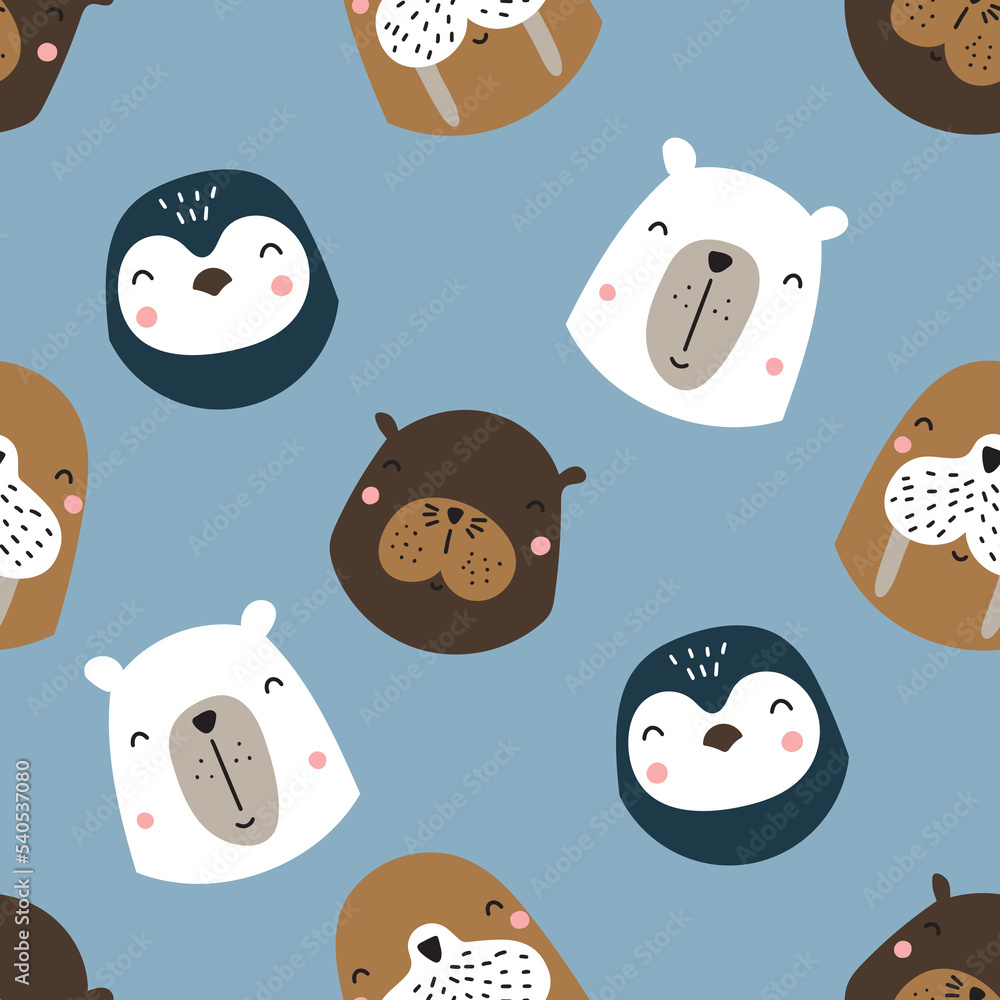 Seamless pattern with cute arctic animals: penguin, polar bear, walrus ...