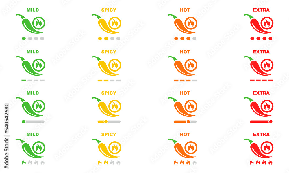 Set of level spice chili vector icons. Labels with level spicy pepper ...