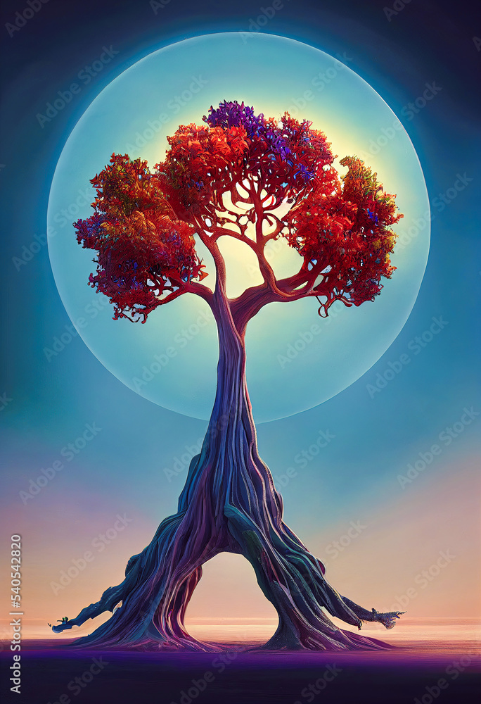 Cartoon illustration of tree of life with moon as growth illustration ...