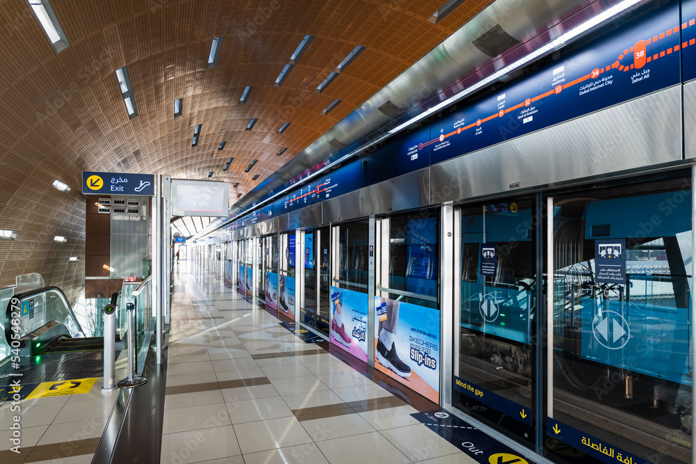Dubai, UAE - October 2022: Dubai Metro station platform architecture ...