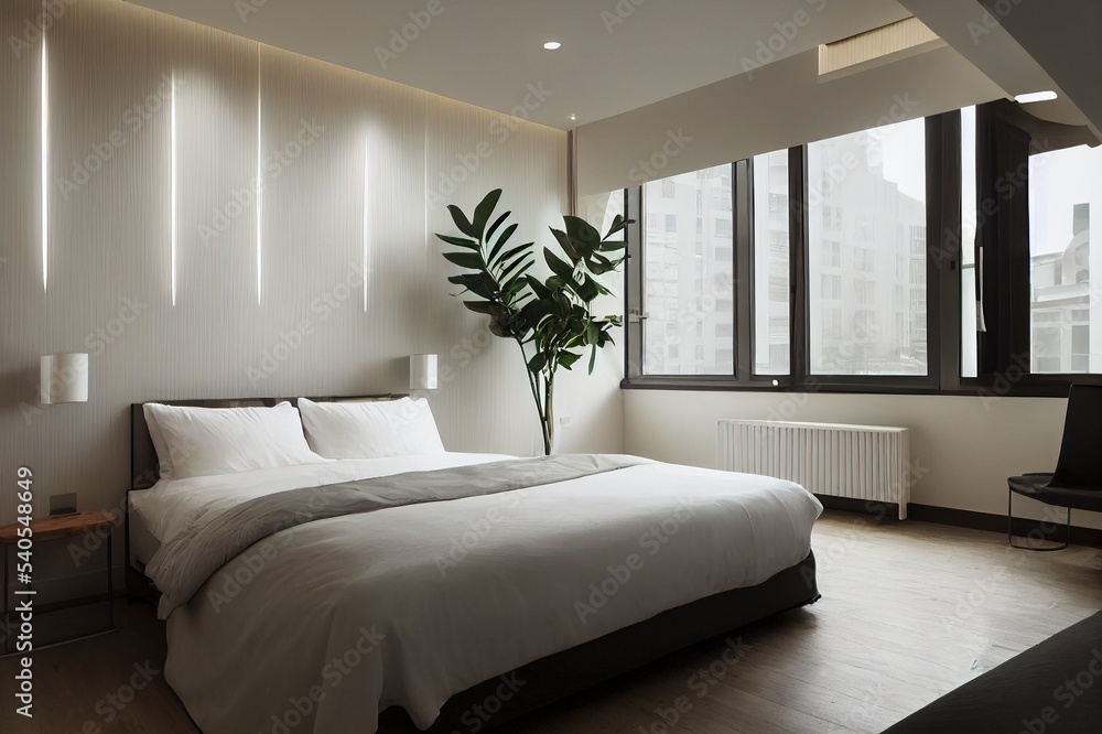 Morning interior in bedroom hotel. Bright and clean interior design of ...