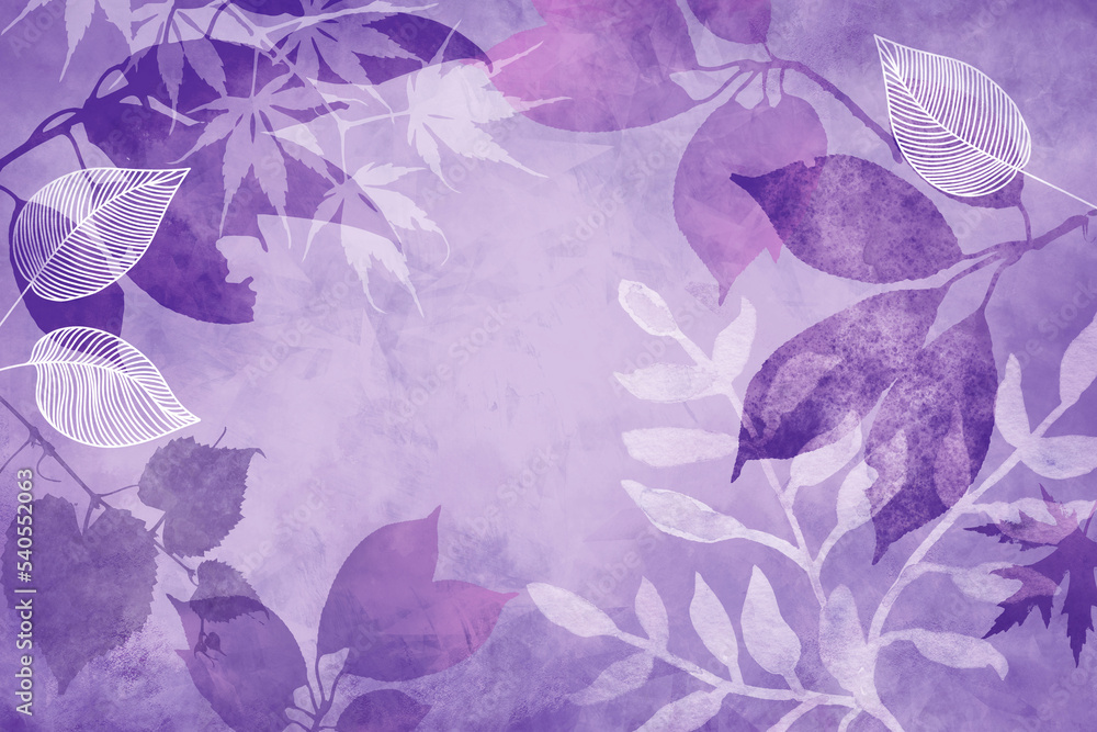 Light purple background with border of leaves vines or plants in dark ...