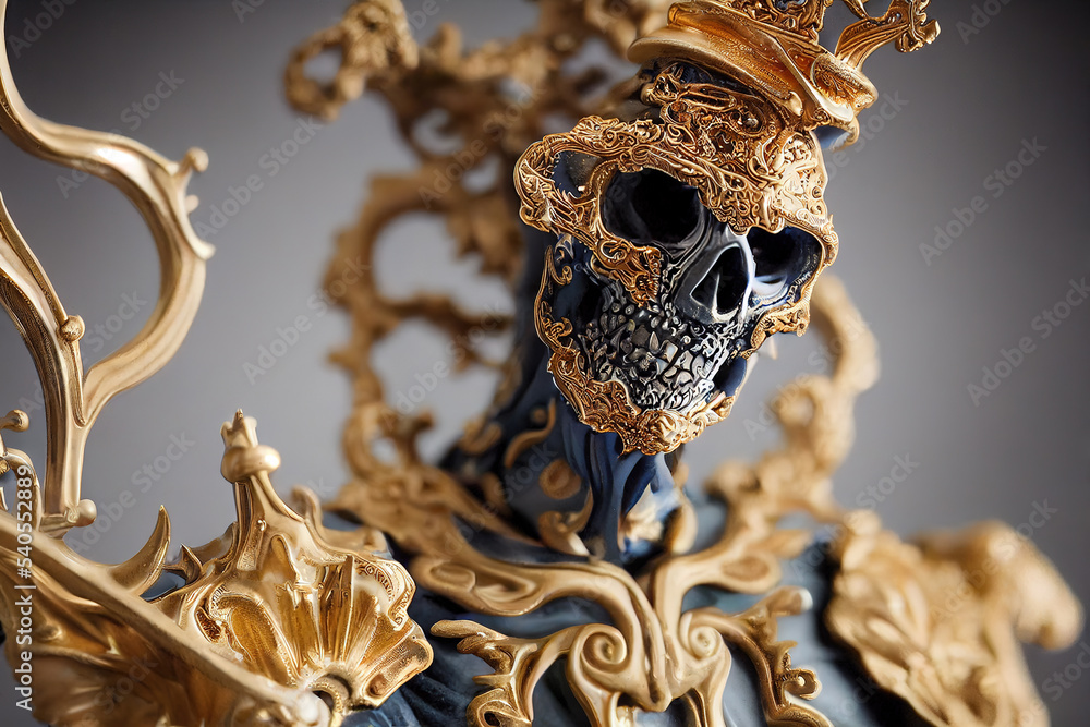 3 D render. A skeleton in gold clothes, gold patterns. King of the Dead ...