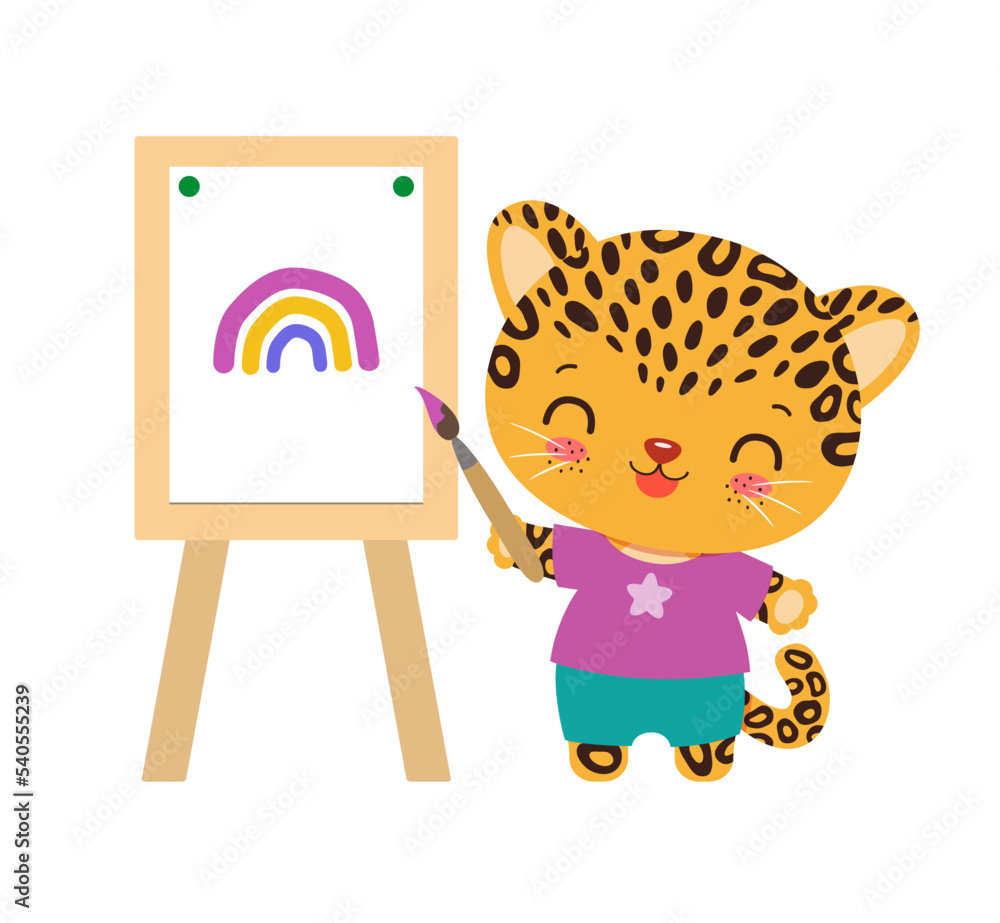 Cute animal artist with paintbrush and easel. Art studies school ...