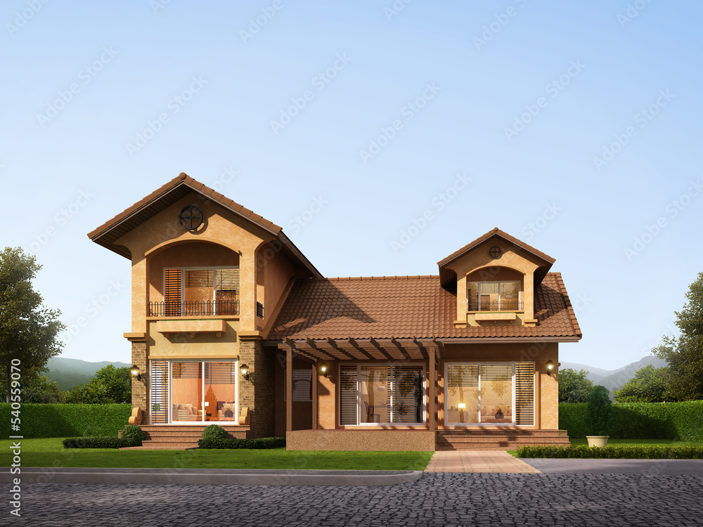 Country house front view with lawn and blue sky background.3d rendering ...