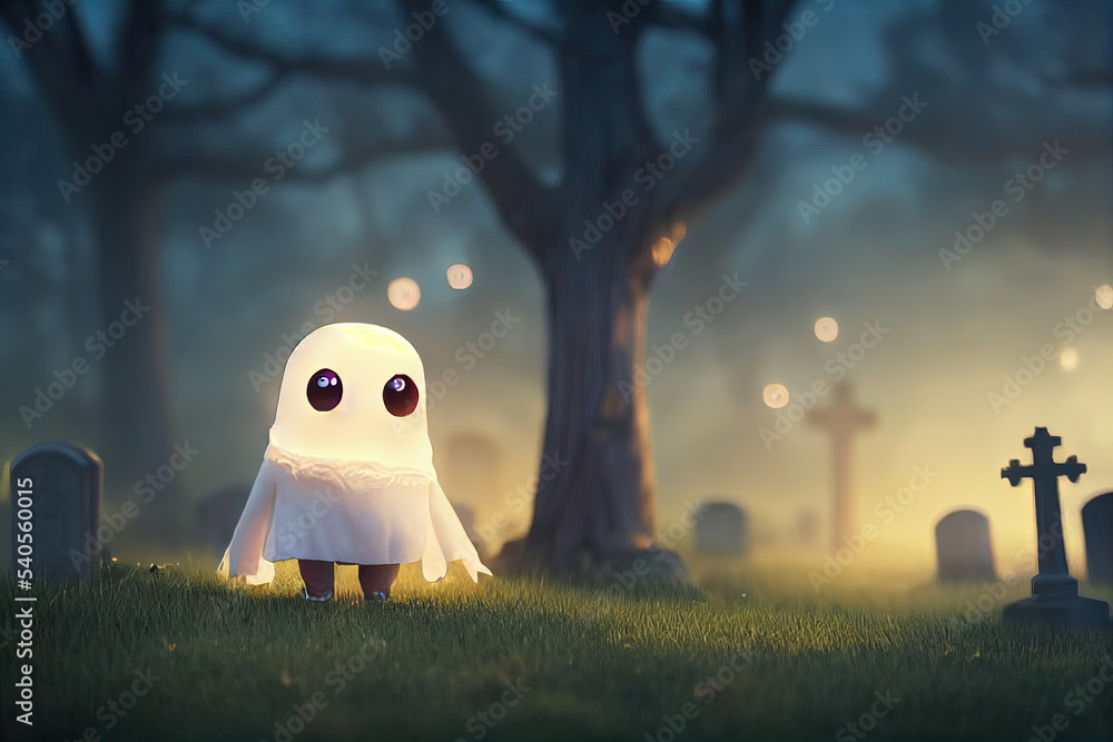 Cute Kawaii Ghost, in a graveyard with glowing lights, halloween themed ...