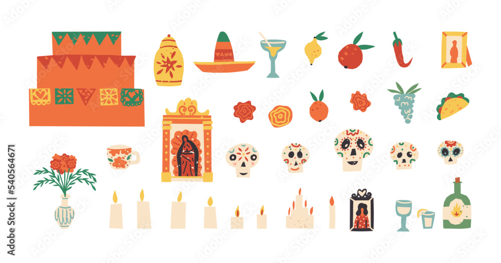 Cute Dia De Los Muertos outline collection, Day of the Dead vector ...