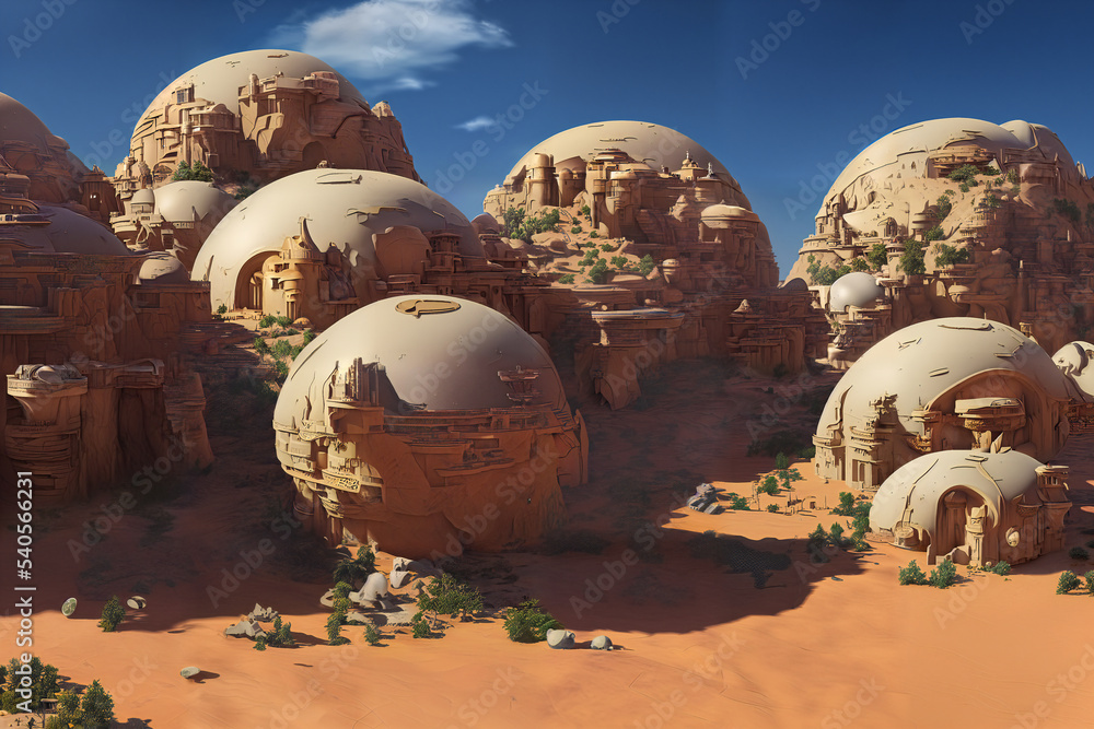 alien city on an alien extraterrestrial planet, spherical buildings in ...