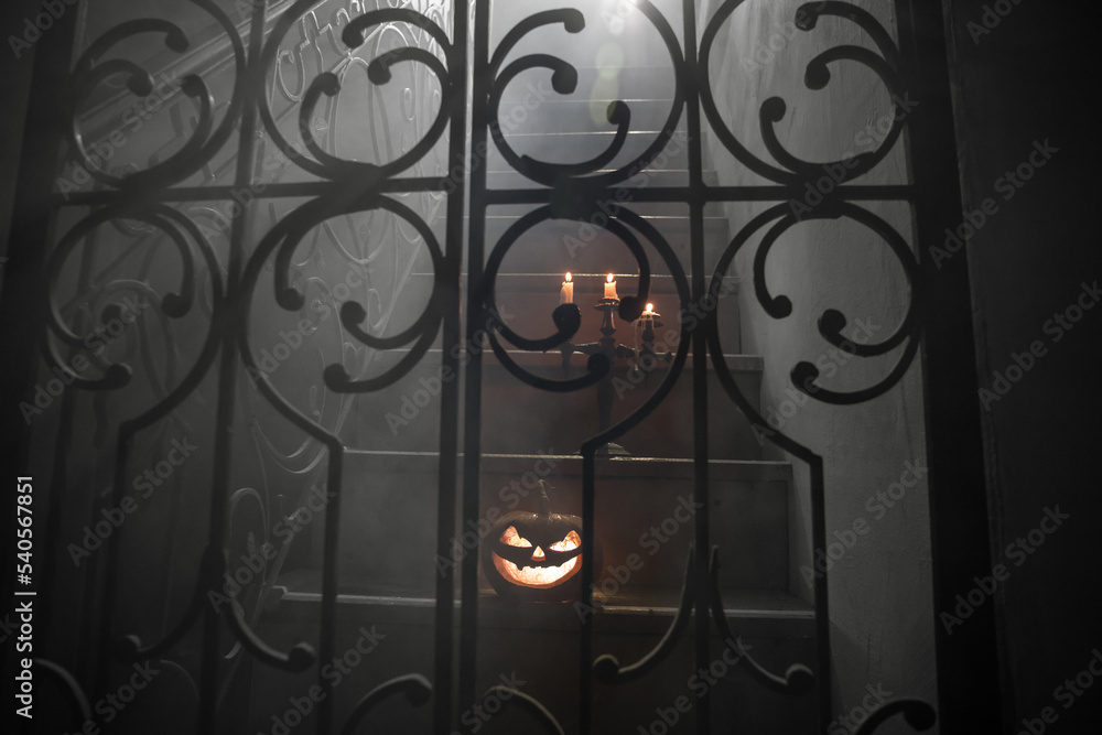 Inside of old creepy abandoned mansion. Silhouette of horror ghost ...