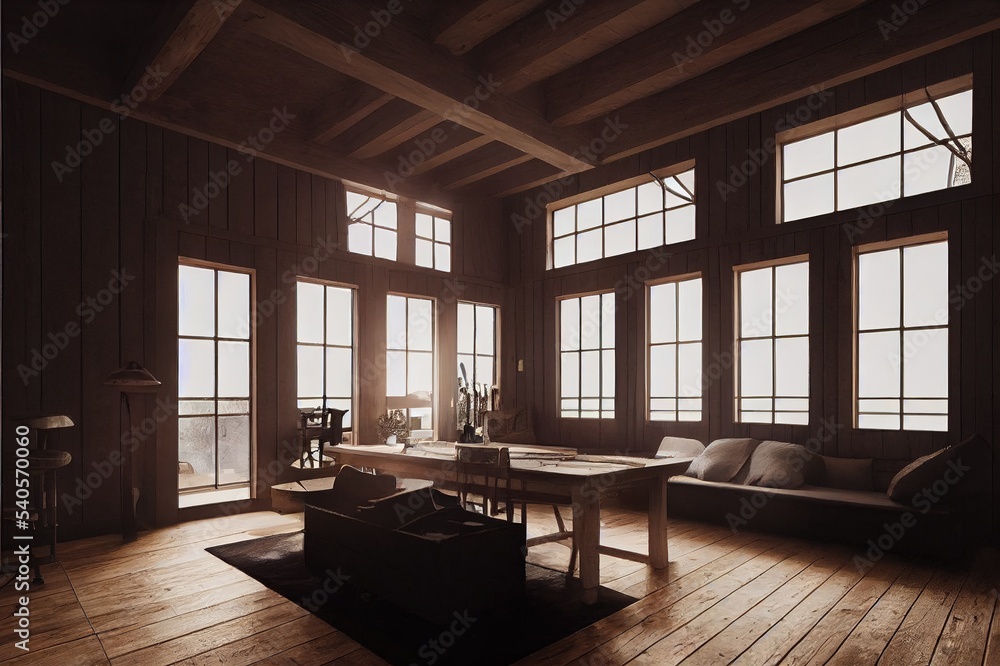 Dark loft style interior of big cozy country house. open plan apartment ...