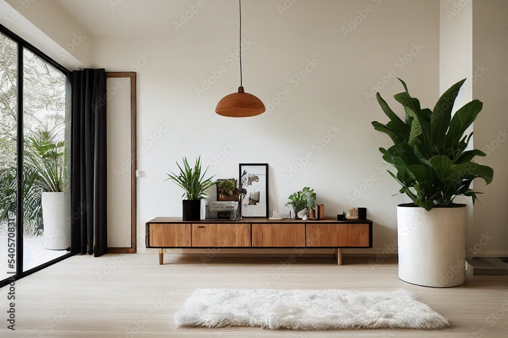 Stylish and creative living room interior design with wooden commode ...