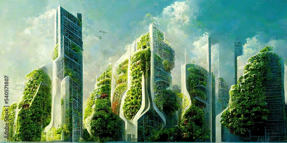 Environmentally friendly city of the future with vertical gardens and ...