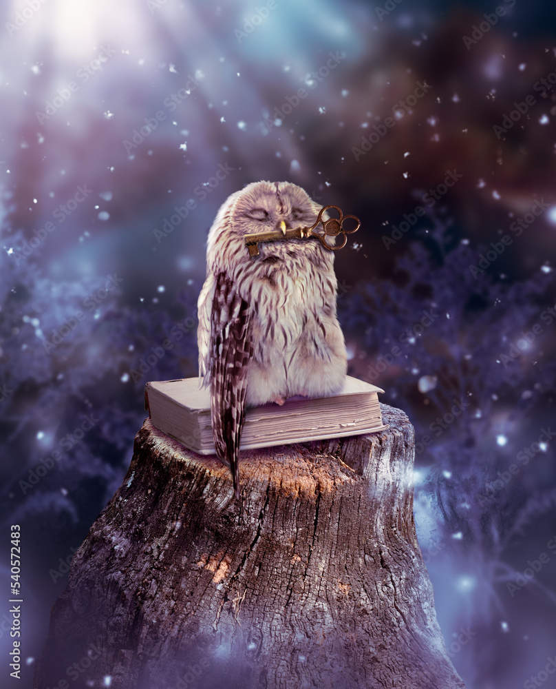 Fantasy wise sleeping owl is the keeper of secrets, bird sitting on ...