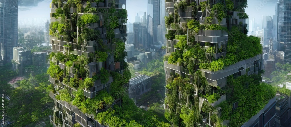 Environmentally friendly city of the future with vertical gardens and ...